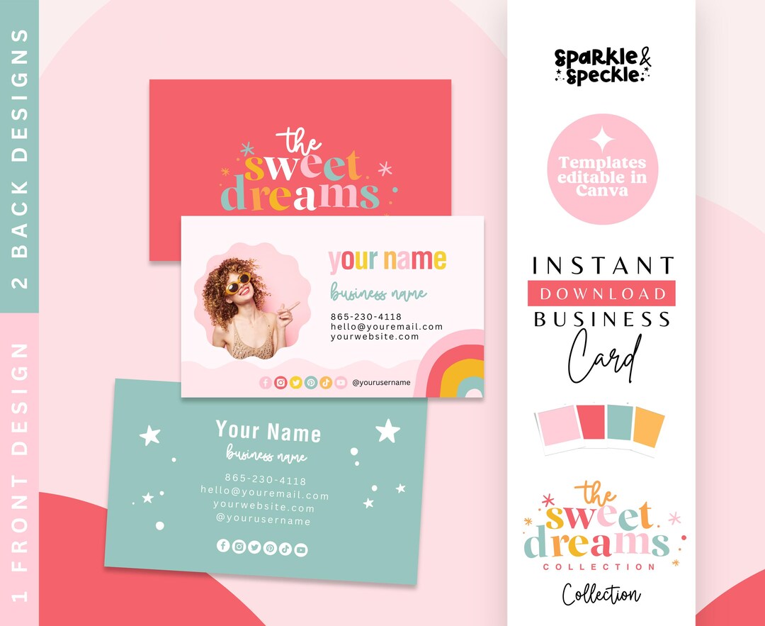 Fun Business Card Template Editable in Canva, Red and Green Business ...