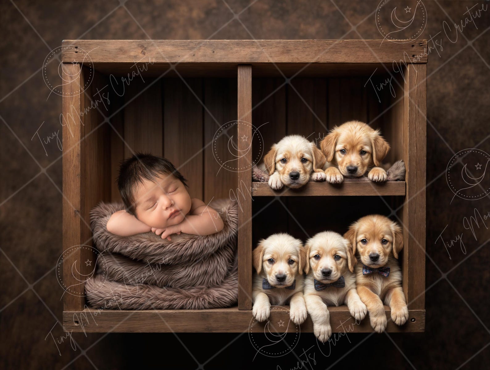 Newborn Digital Backdrop | Wooden Crate & Puppies | Composite ...