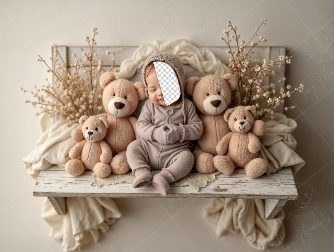 PSD: Face Insert Baby With Teddy Bears on Rustic Bench, Newborn Digital ...