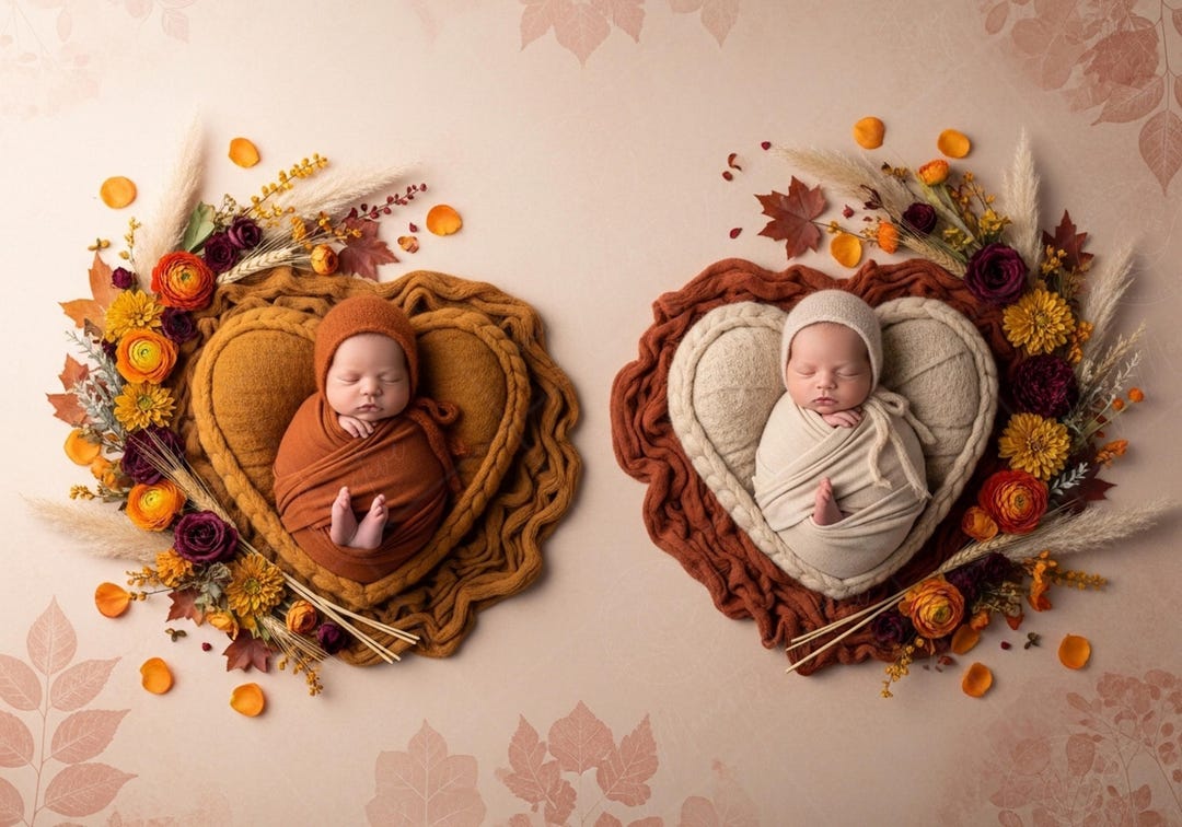 Newborn Digital Backdrop | Autumn Twin Heart Cradles With Fall Florals ...