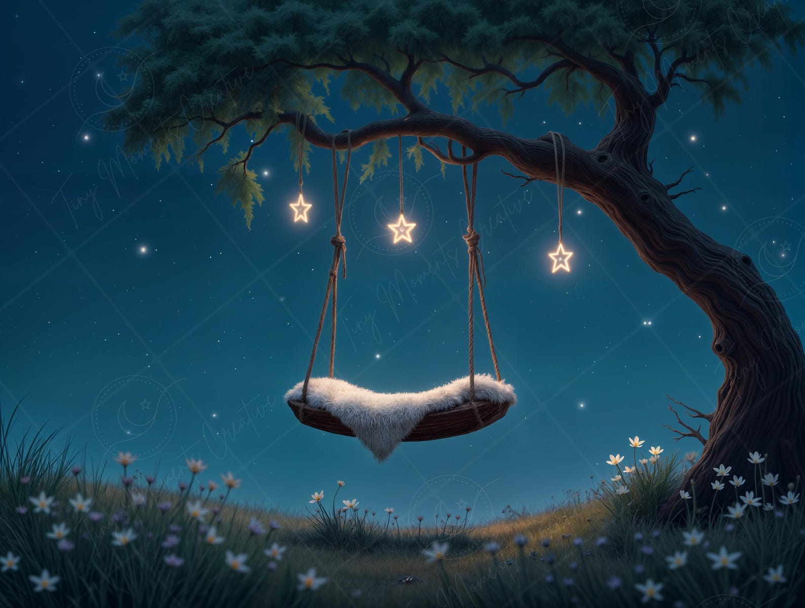 Newborn Digital Backdrop | Starry Night Swing Cradle, Moonlit Sky Baby ...