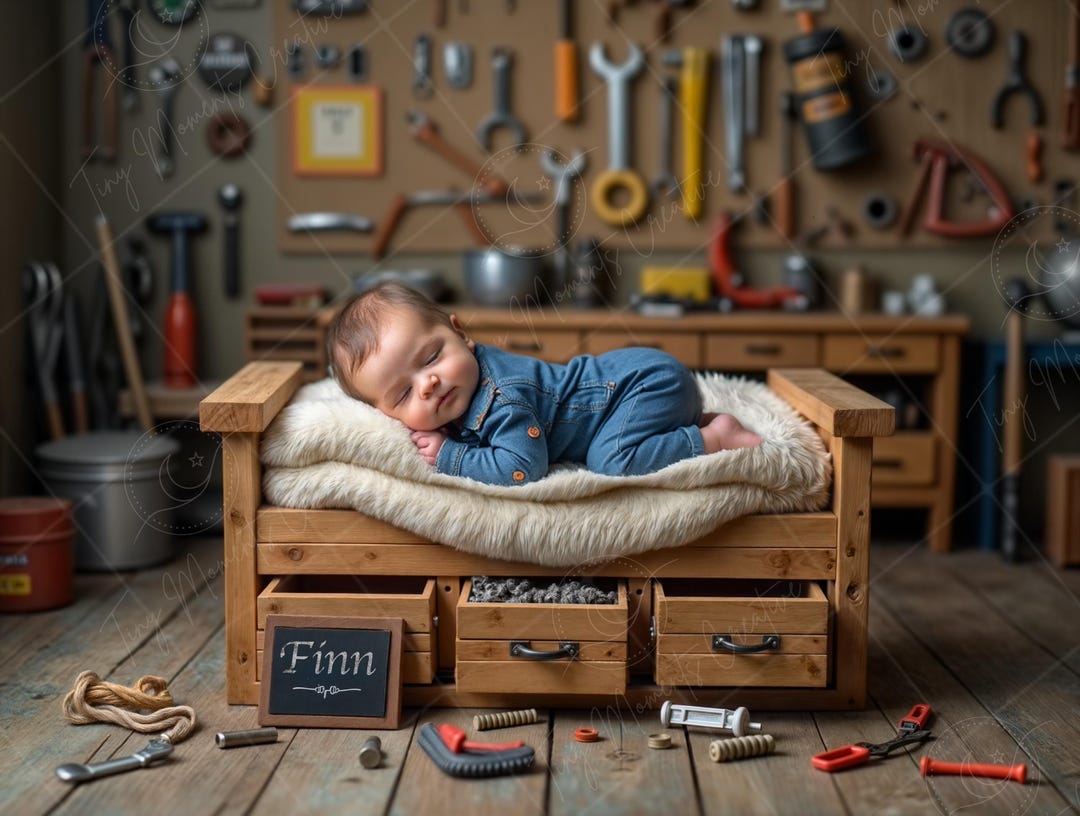 Workbench Bed With Editable Name Sign | Newborn Digital Backdrop for ...