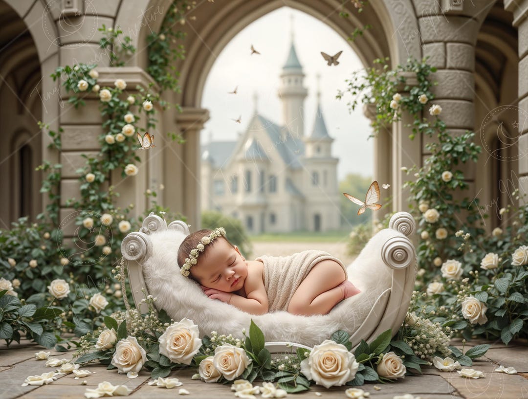 Newborn Digital Backdrop | Cream Cradle With Castle Garden, Roses ...
