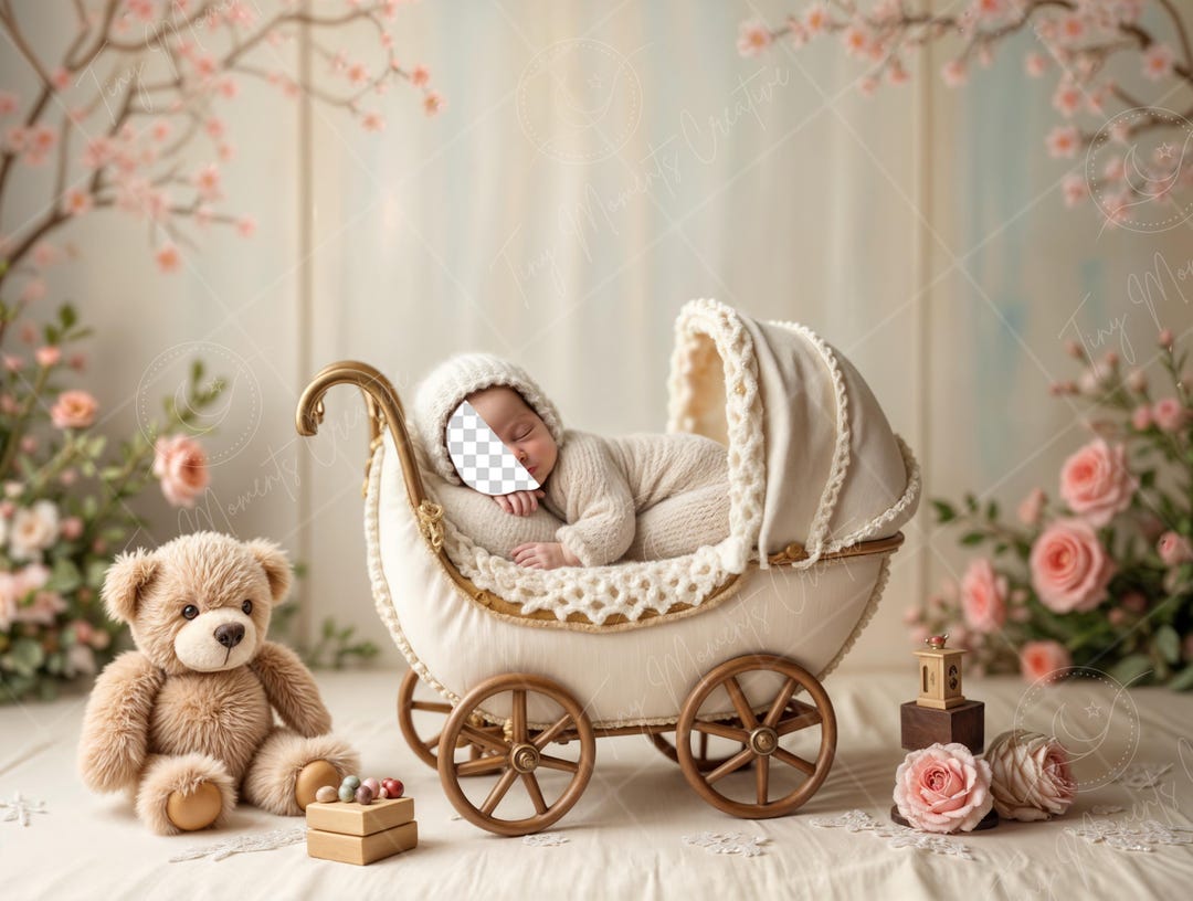 PSD: Face Insert Vintage Pram Floral Scene, Newborn Digital Face ...