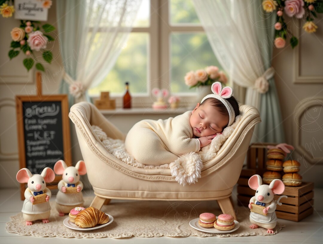 Newborn Digital Backdrop | Café Mouse Cradle Scene, Parisian-inspired ...