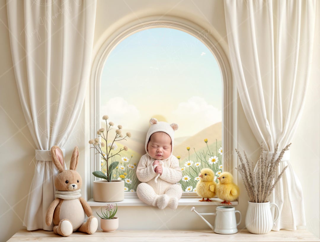 Newborn Digital Backdrop | Spring Window With Chicks & Bunny | Pastel ...