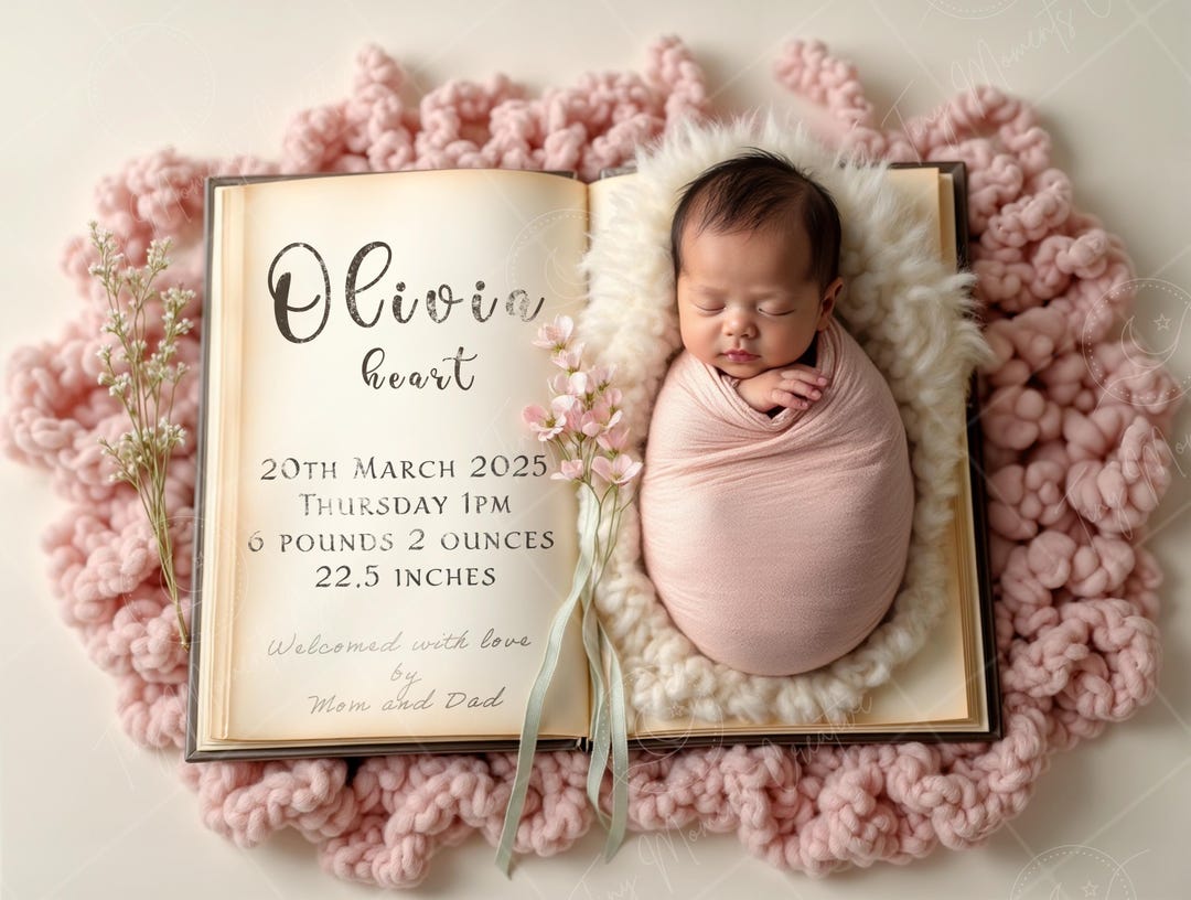 Newborn Digital Backdrop | Birth Announcement Book Prop With Baby Info ...