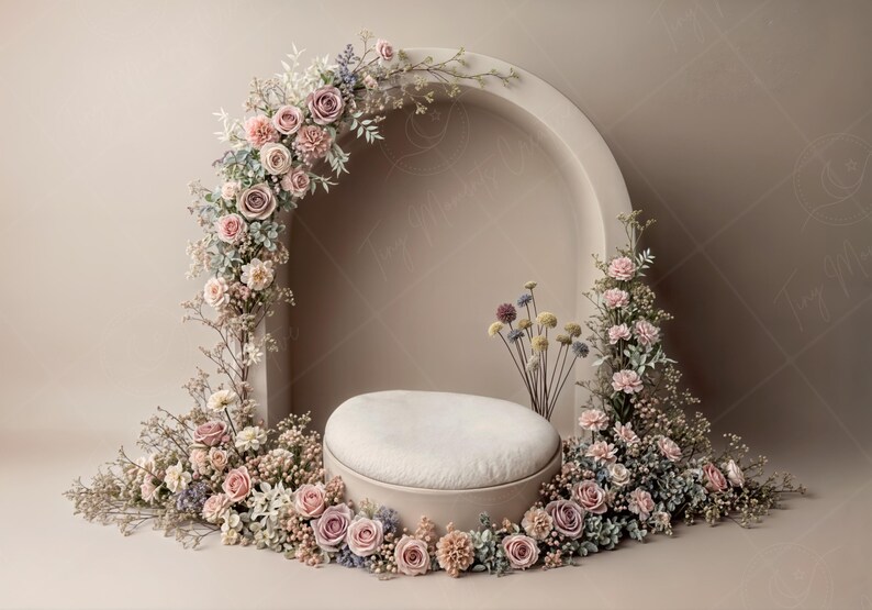 Newborn Digital Backdrop With Floral Arch and Plush Cushion for ...