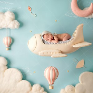 Newborn Digital Backdrop | Cream Airplane Cradle in Whimsical Sky With ...