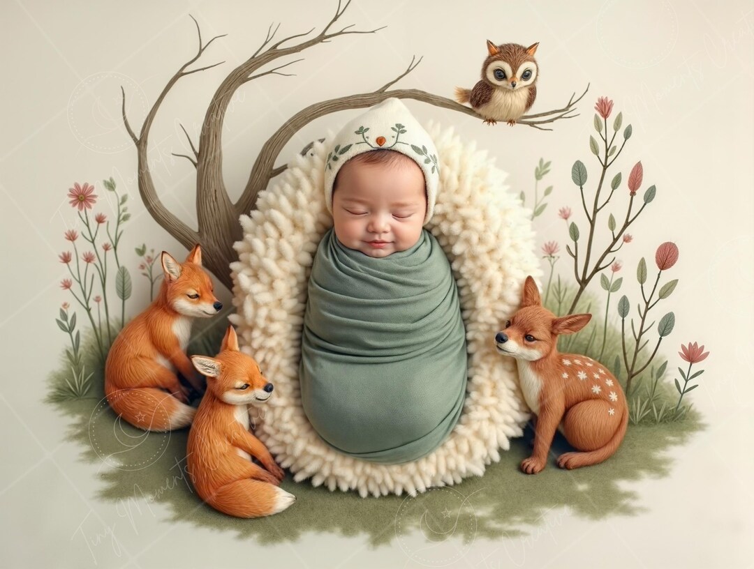 Newborn Digital Backdrop | Forest Animal Nest With Fox, Deer & Owl ...