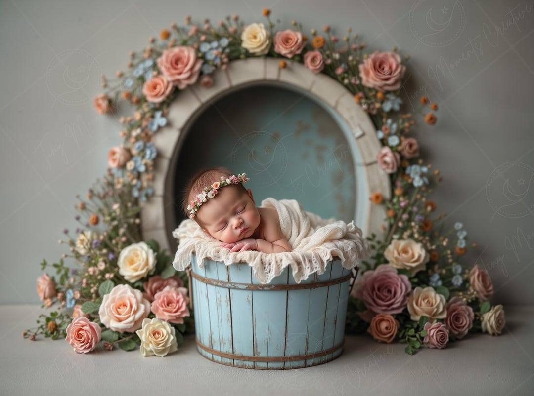 Newborn Digital Backdrop | Blue Bucket With Round Floral Frame, Soft ...