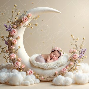 Floral Crescent Moon | Dreamy Newborn Digital Backdrop | Whimsical Baby ...