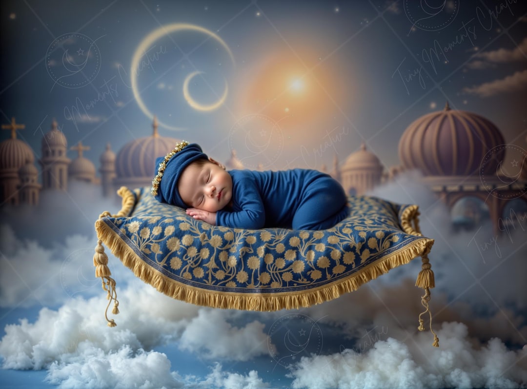 Newborn Digital Backdrop | Magic Flying Carpet Baby Bed Over Clouds ...