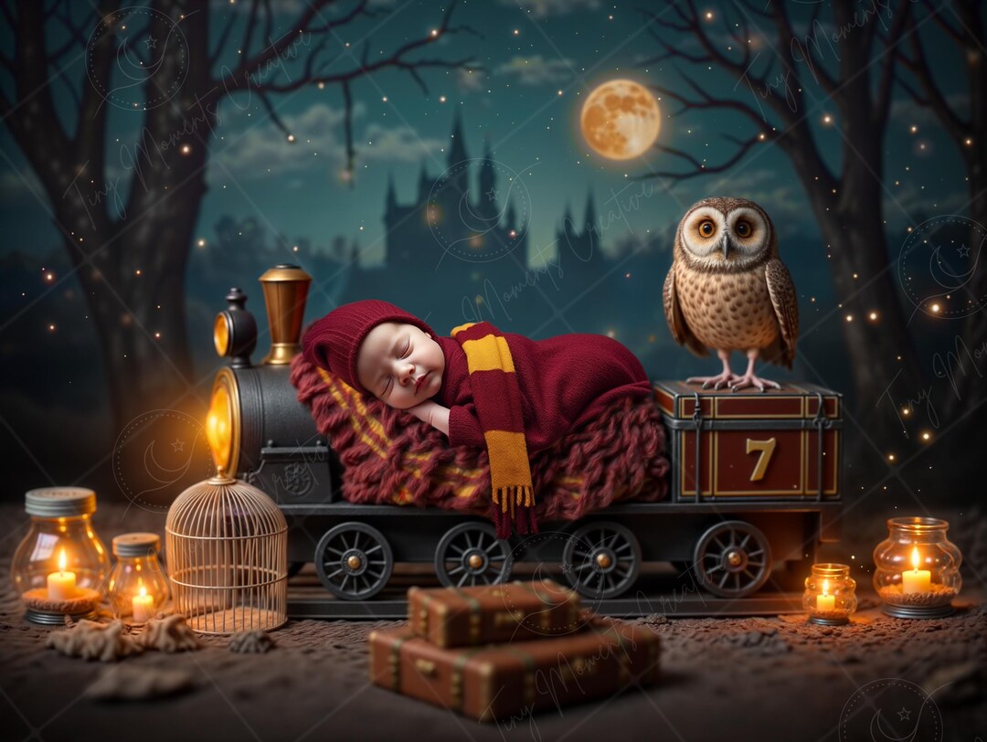Newborn Digital Backdrop | Wizard Train Cradle Scene With Owl and ...