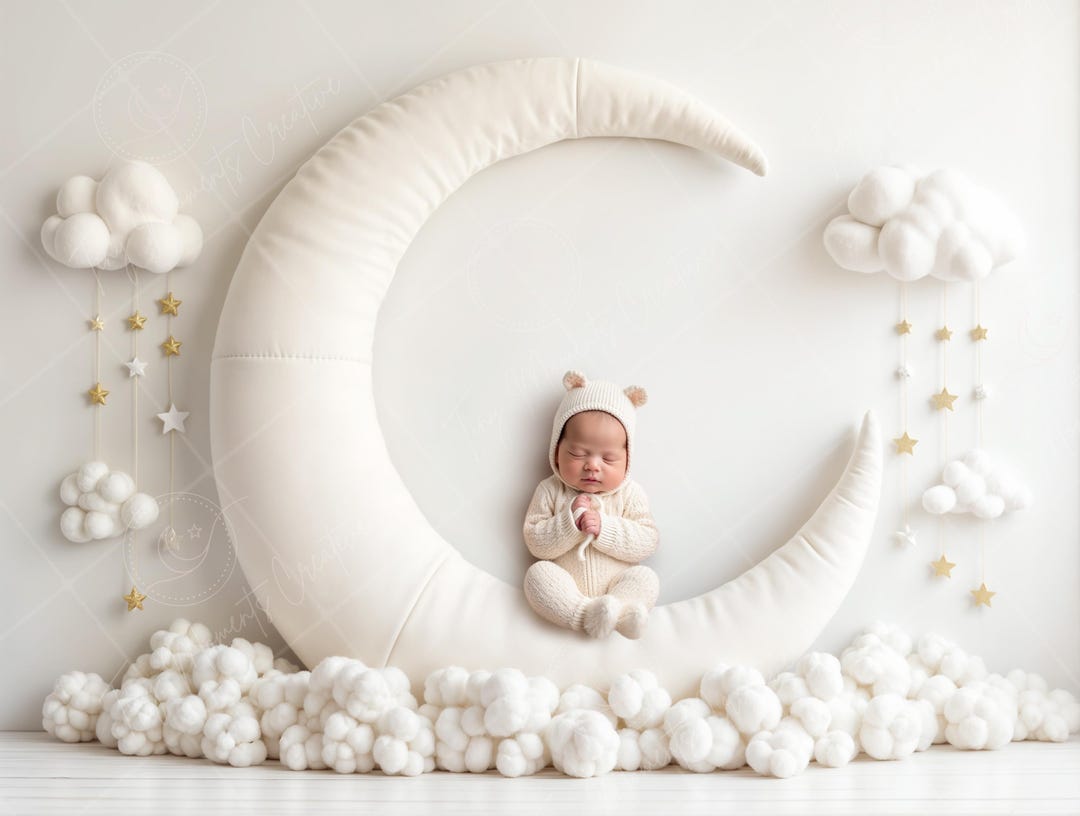 Newborn Digital Backdrop | Plush Crescent Moon With Hanging Stars ...
