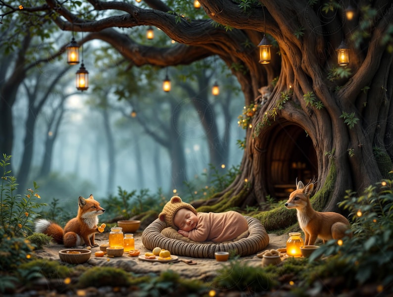 Newborn Digital Backdrop | Forest Picnic With Foxes and Lanterns, Cozy ...
