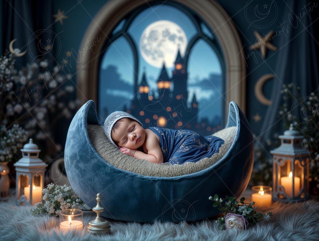 Newborn Digital Backdrop | Magical Castle Moon Cradle, Nighttime Baby ...