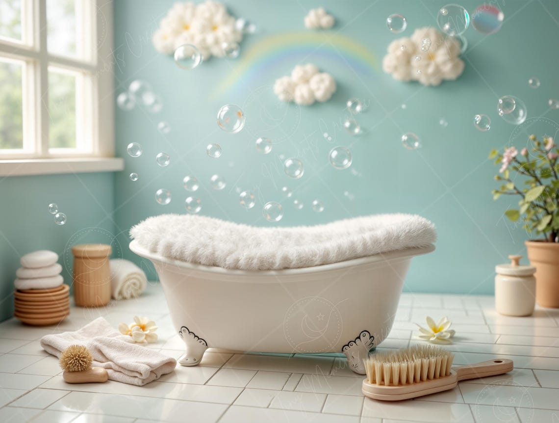 Newborn Digital Backdrop | Bubble Bath Tub Cradle With Rainbow and Spa ...