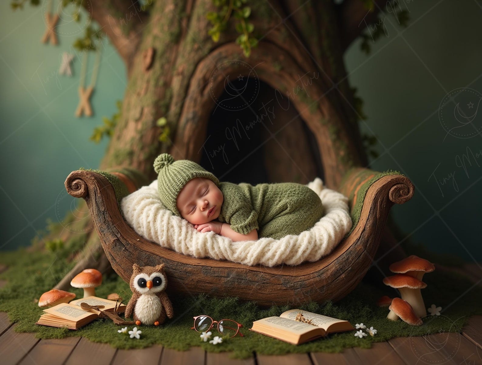 Newborn Digital Backdrop | Storybook Tree Cradle With Owl, Books and ...