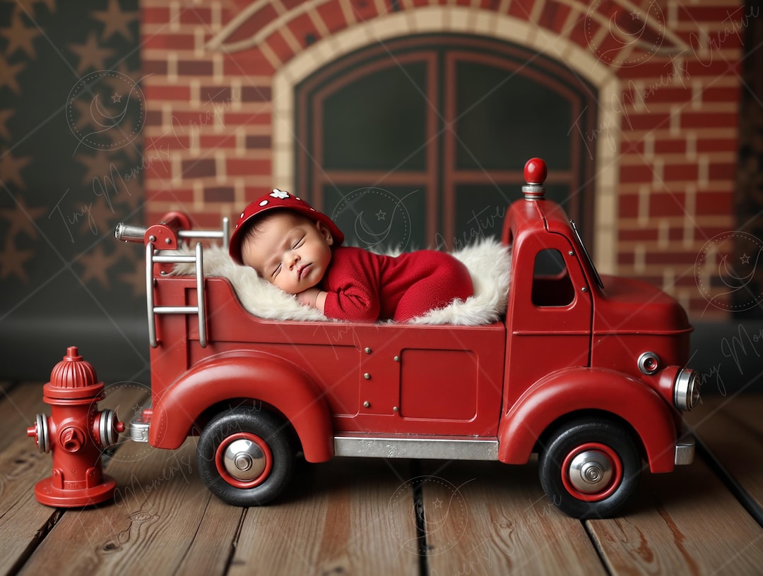 Newborn Digital Backdrop | Red Fire Truck Cradle With Hydrant Prop ...