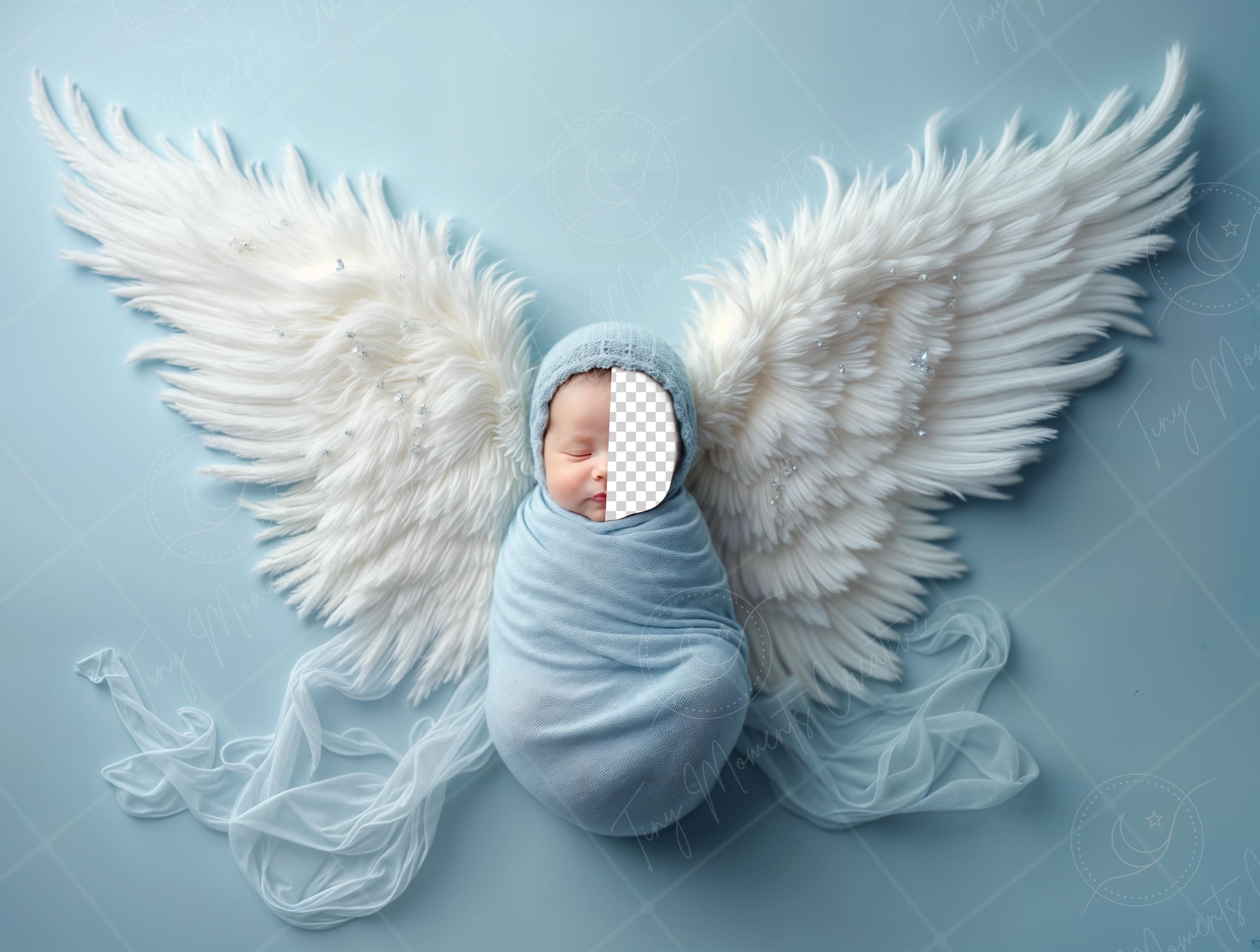 PSD: Face Insert Soft Blue Angel Wings, Newborn Digital Face Replace ...