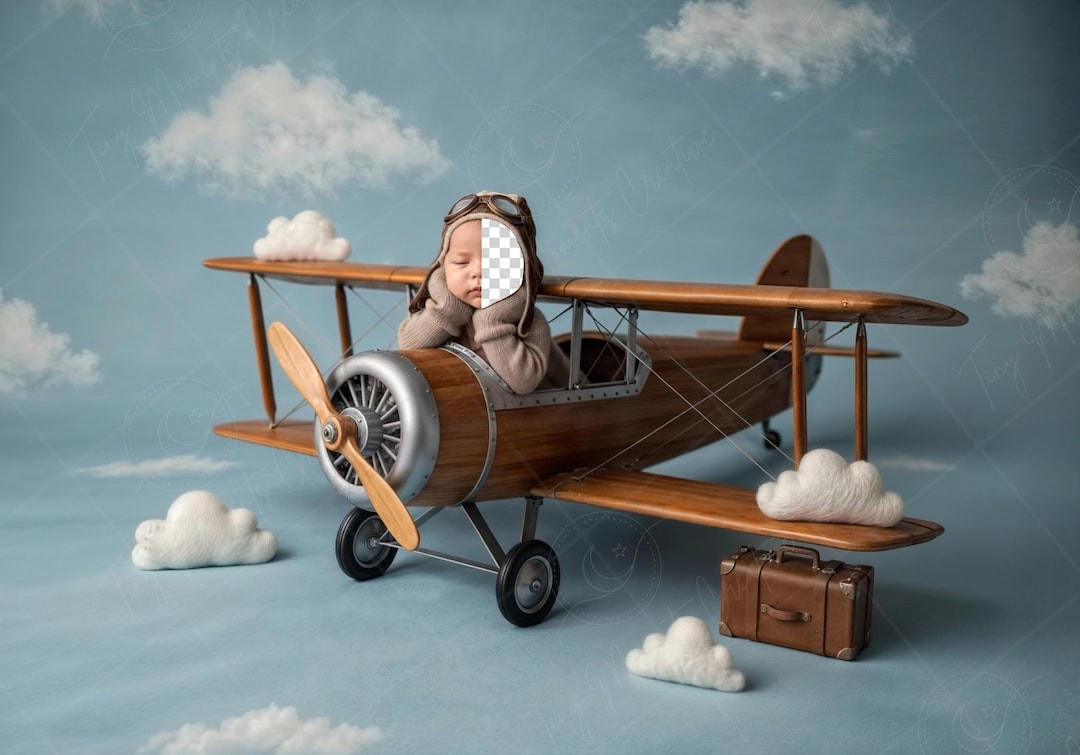 PSD: Face Insert Little Aviator Newborn Backdrop Vintage Biplane Sky ...
