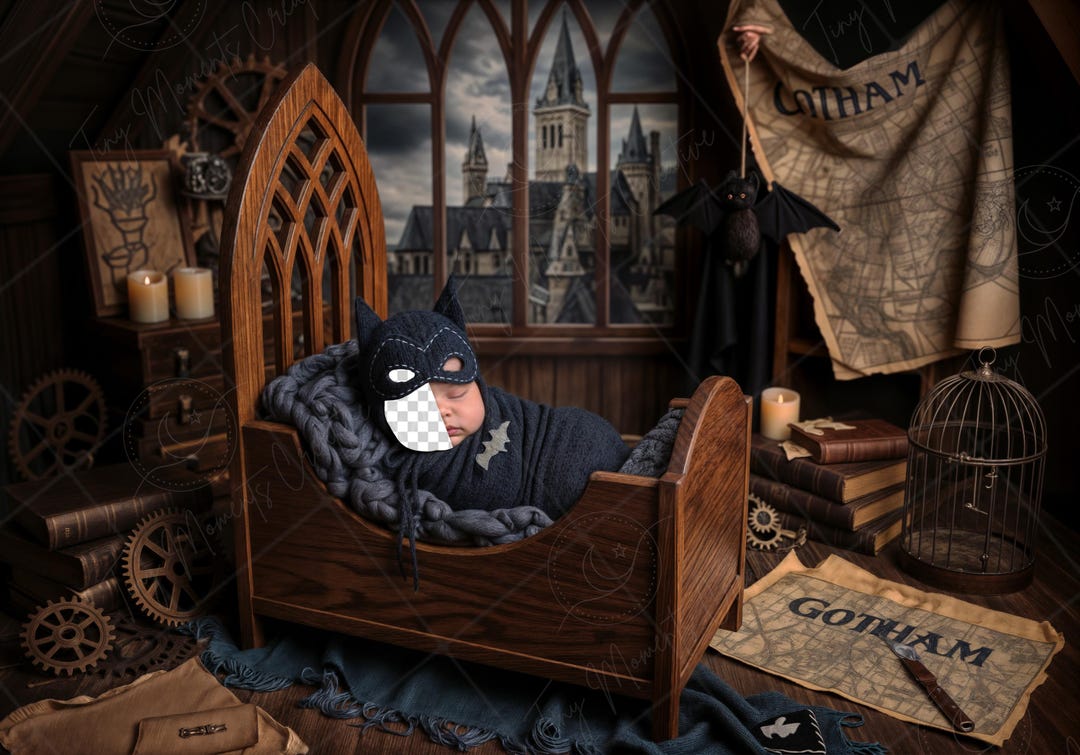 PSD: Face Insert Superhero Newborn Backdrop With Gothic Cradle and ...