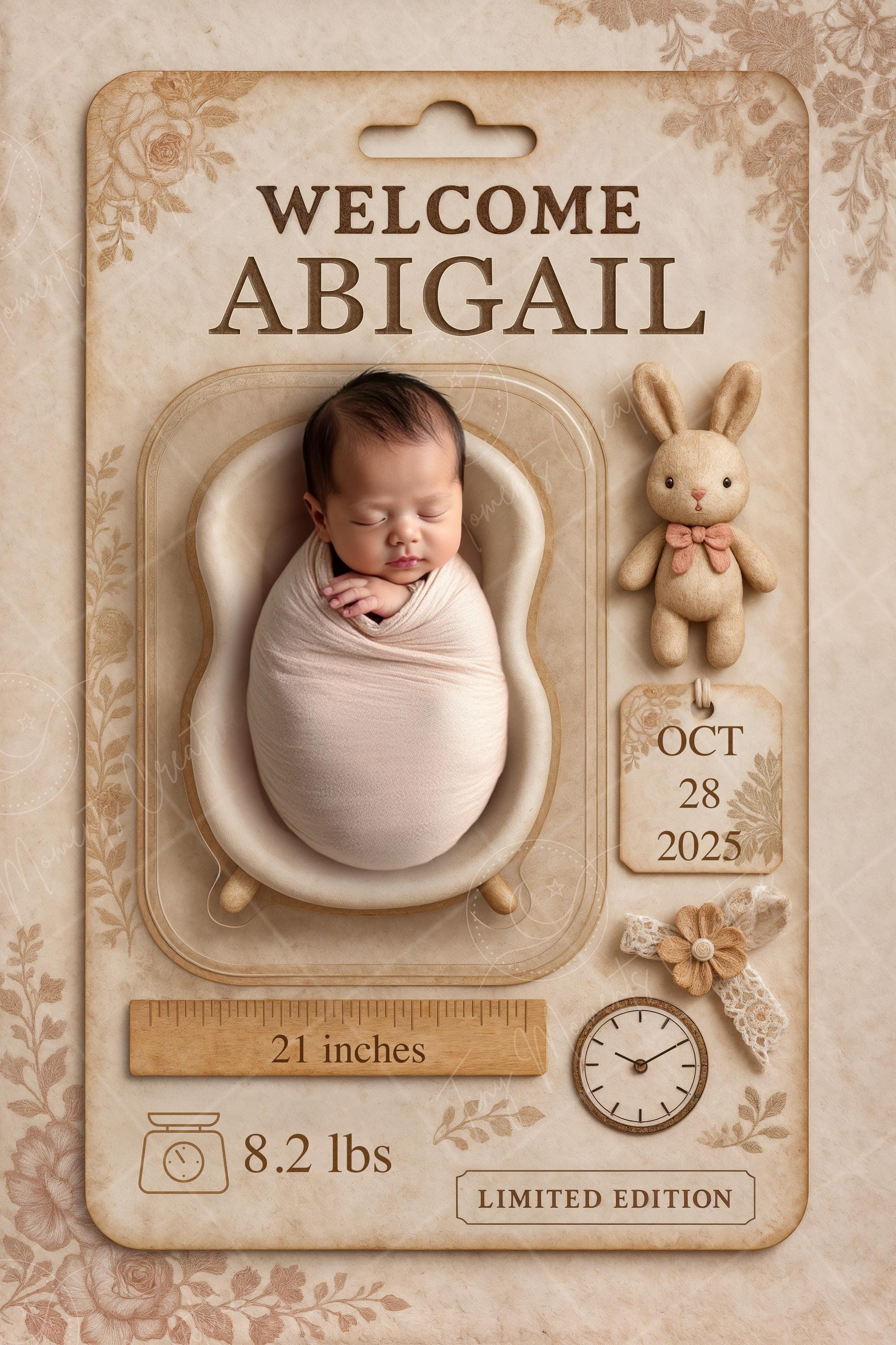 Birth Announcement PSD: Editable Vintage Packaging Stats Template ...