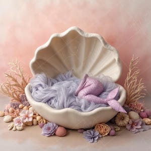 Newborn Digital Backdrop | Mermaid Baby in Seashell With Ocean Florals ...