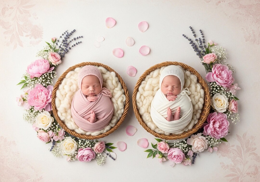 Newborn Digital Backdrop | Twin Round Basket Nests With Pink Garden ...