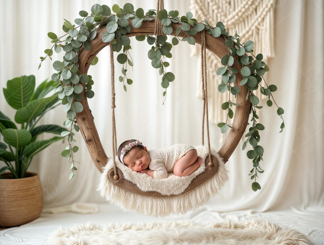 Newborn Digital Backdrop | Boho Wooden Swing With Eucalyptus Vines ...