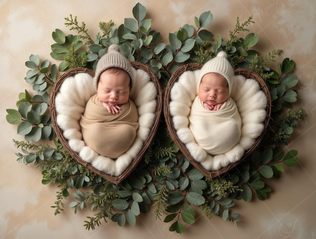 Newborn Digital Backdrop | Twin Heart Nests With Greenery Leaves | Baby ...