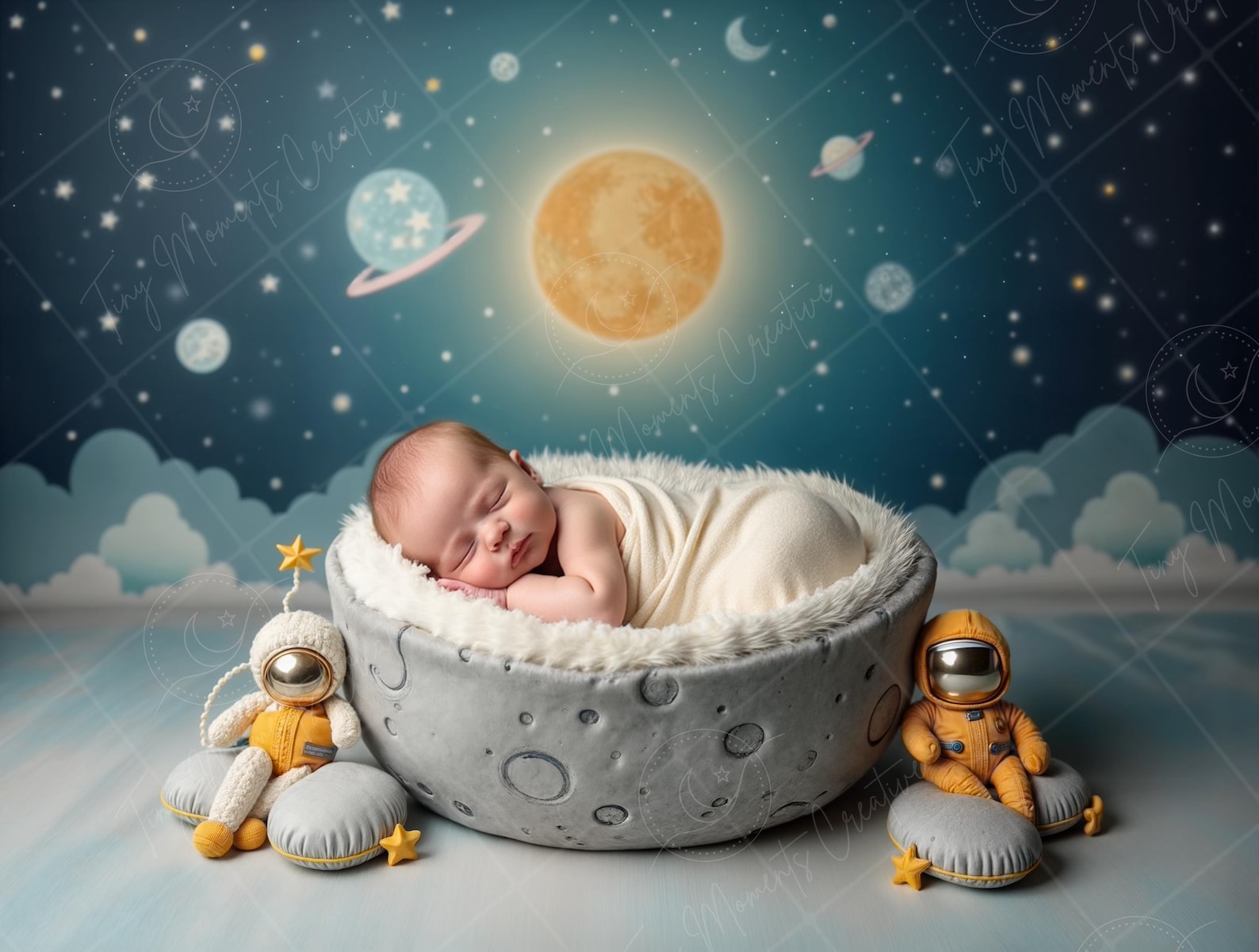 Newborn Digital Backdrop | Outer Space Moon Cradle With Astronaut Plush ...