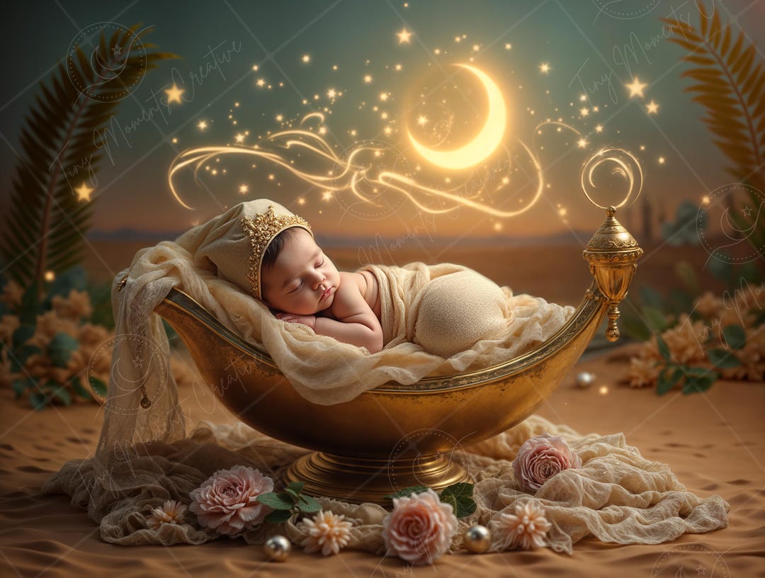 Newborn Digital Backdrop | Golden Lamp Cradle With Crescent Moon ...