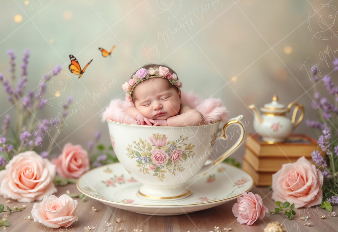 Floral Teacup & Roses | Whimsical Baby Prop | Newborn Digital Backdrop ...