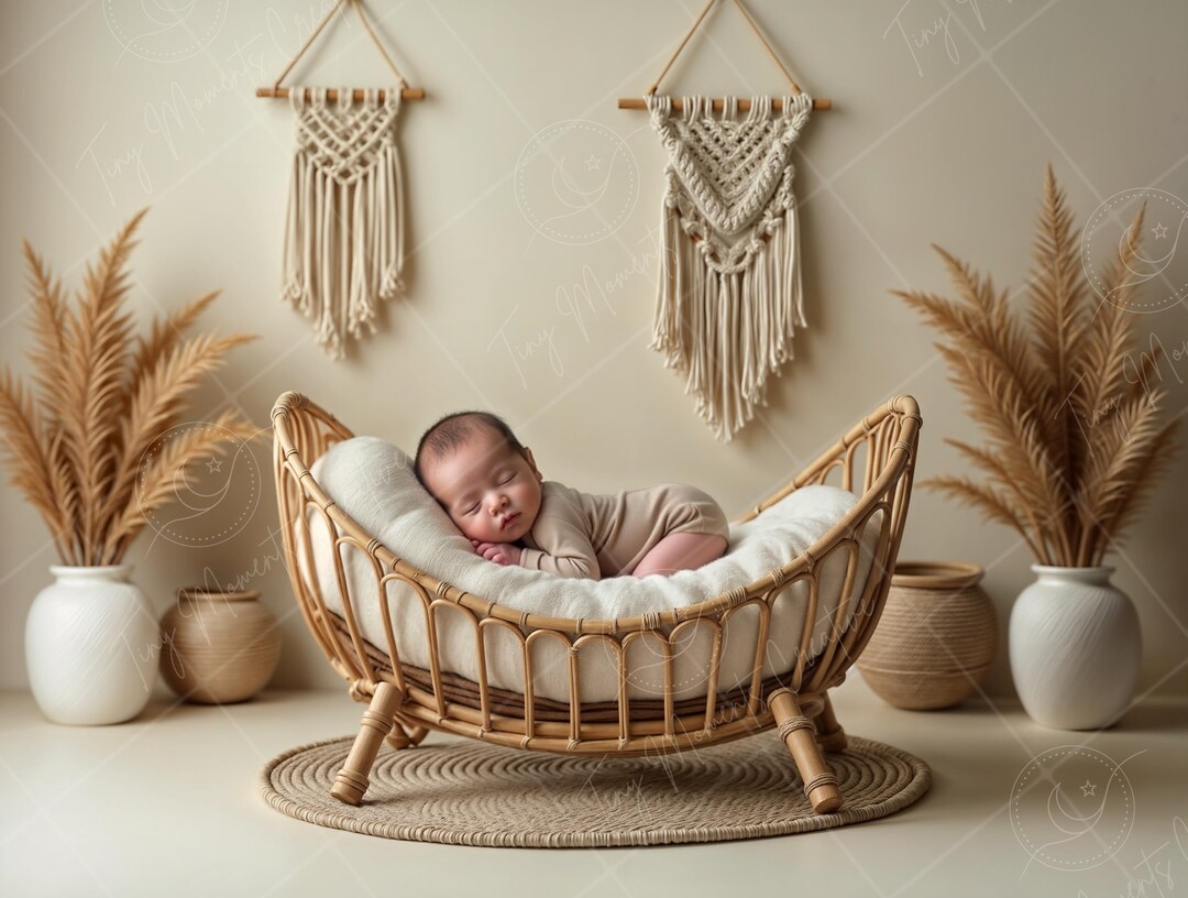 Newborn Digital Backdrop | Boho Rattan Baby Bed With Macrame and Neutral Decor - Etsy