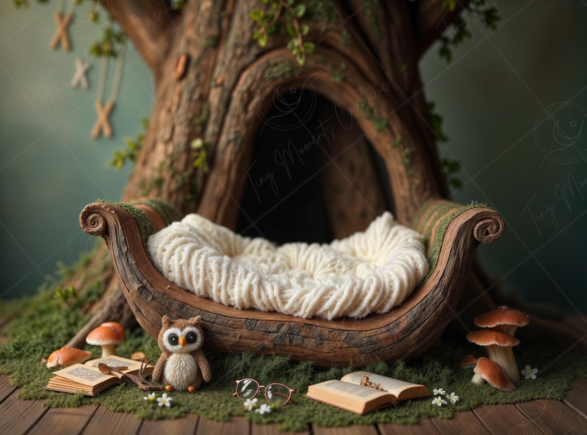 Newborn Digital Backdrop | Storybook Tree Cradle With Owl, Books and ...