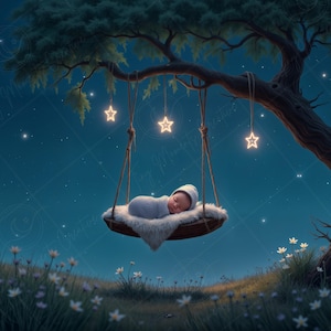 Newborn Digital Backdrop | Starry Night Swing Cradle, Moonlit Sky Baby ...