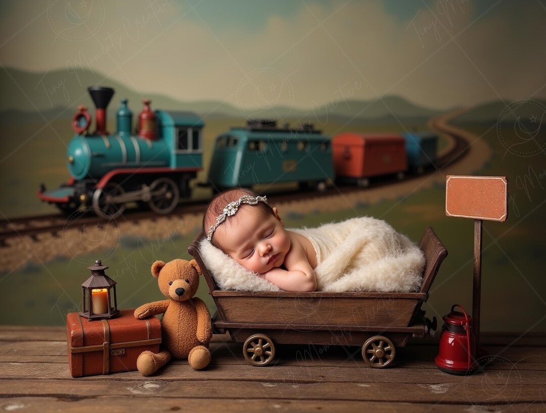 Newborn Digital Backdrop | Vintage Toy Train Cradle Scene, Whimsical ...