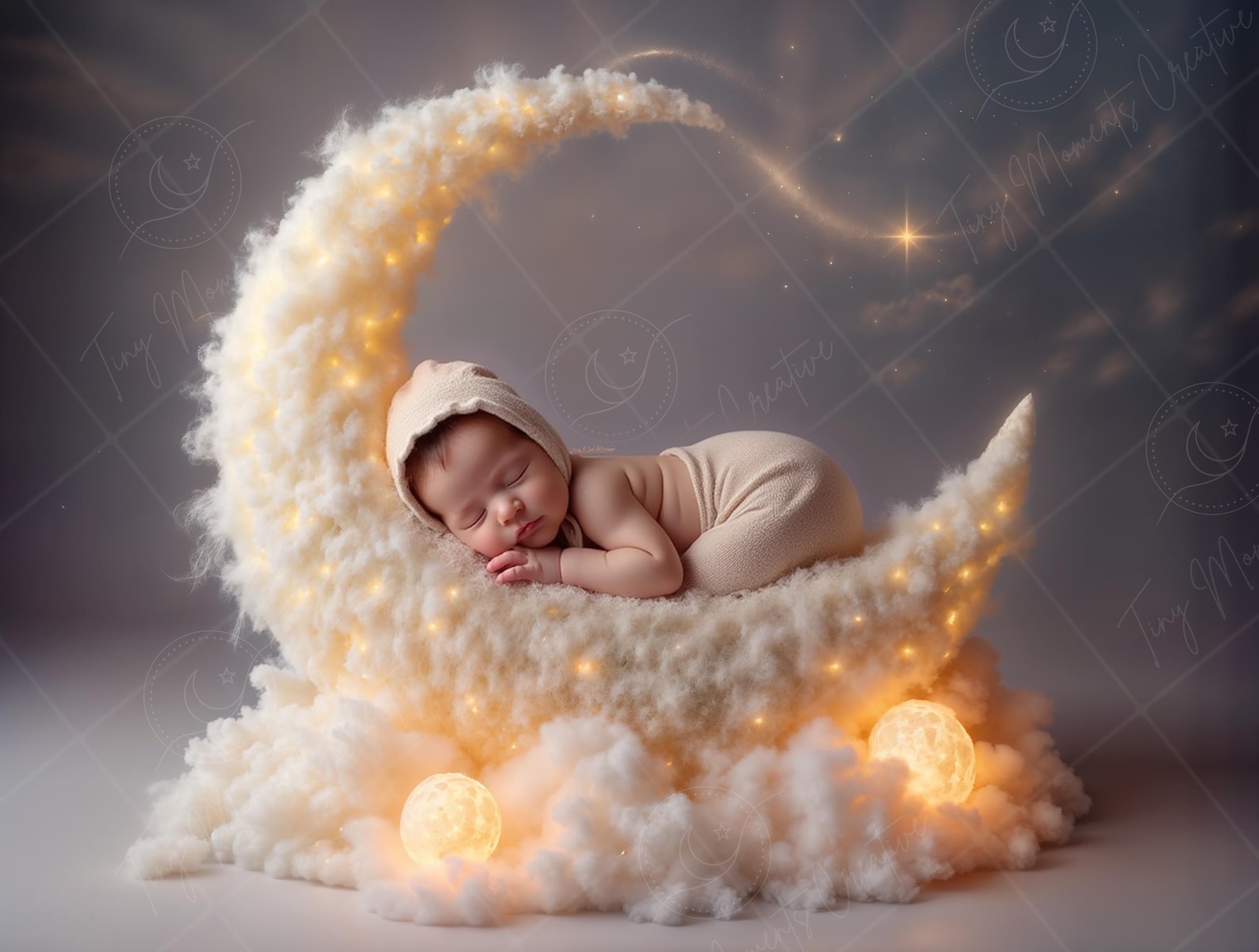 Newborn Digital Backdrop | Crescent Moon Cloud Cradle With Glowing ...