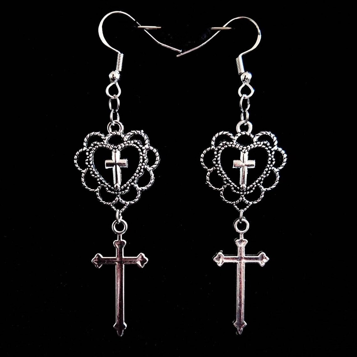 Ornate Heart and Budded Cross Dangle Earrings Silver Metal Sterling ...