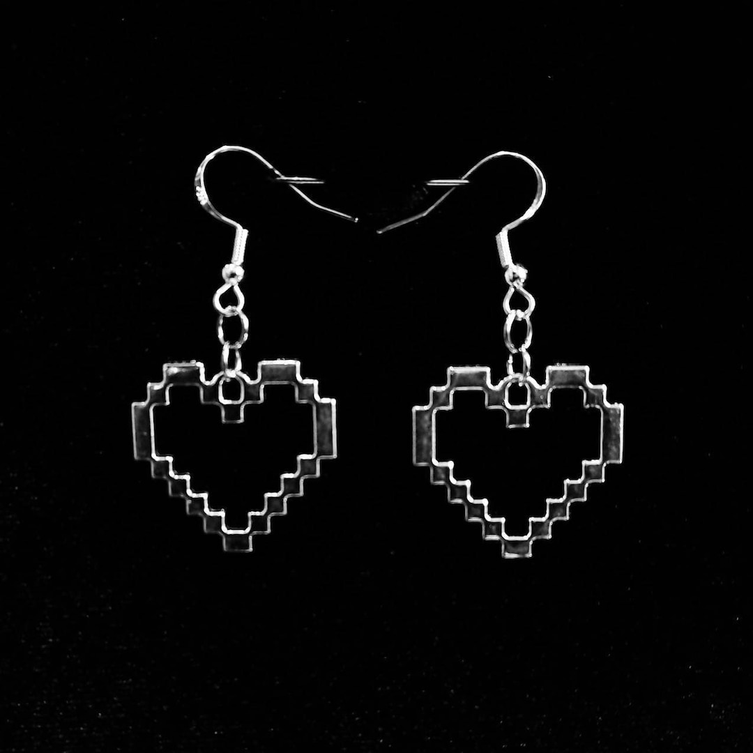 Pixel Emoji Nintendo 8 Bit Heart Shaped Earrings Metal Silver Plated ...