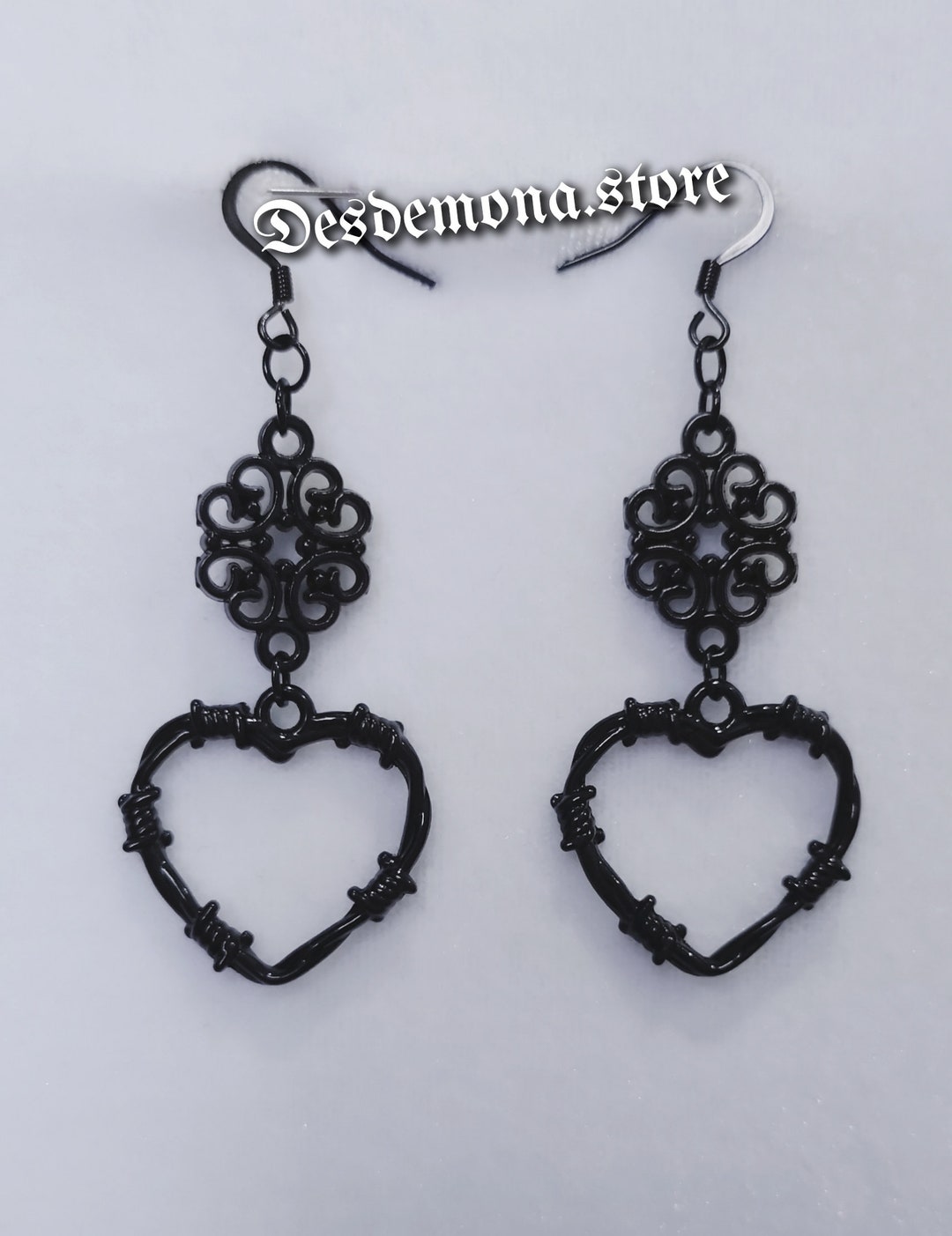 Black Ornate Filigree Applique Barbed Wire Heart Hook Earrings Sword ...