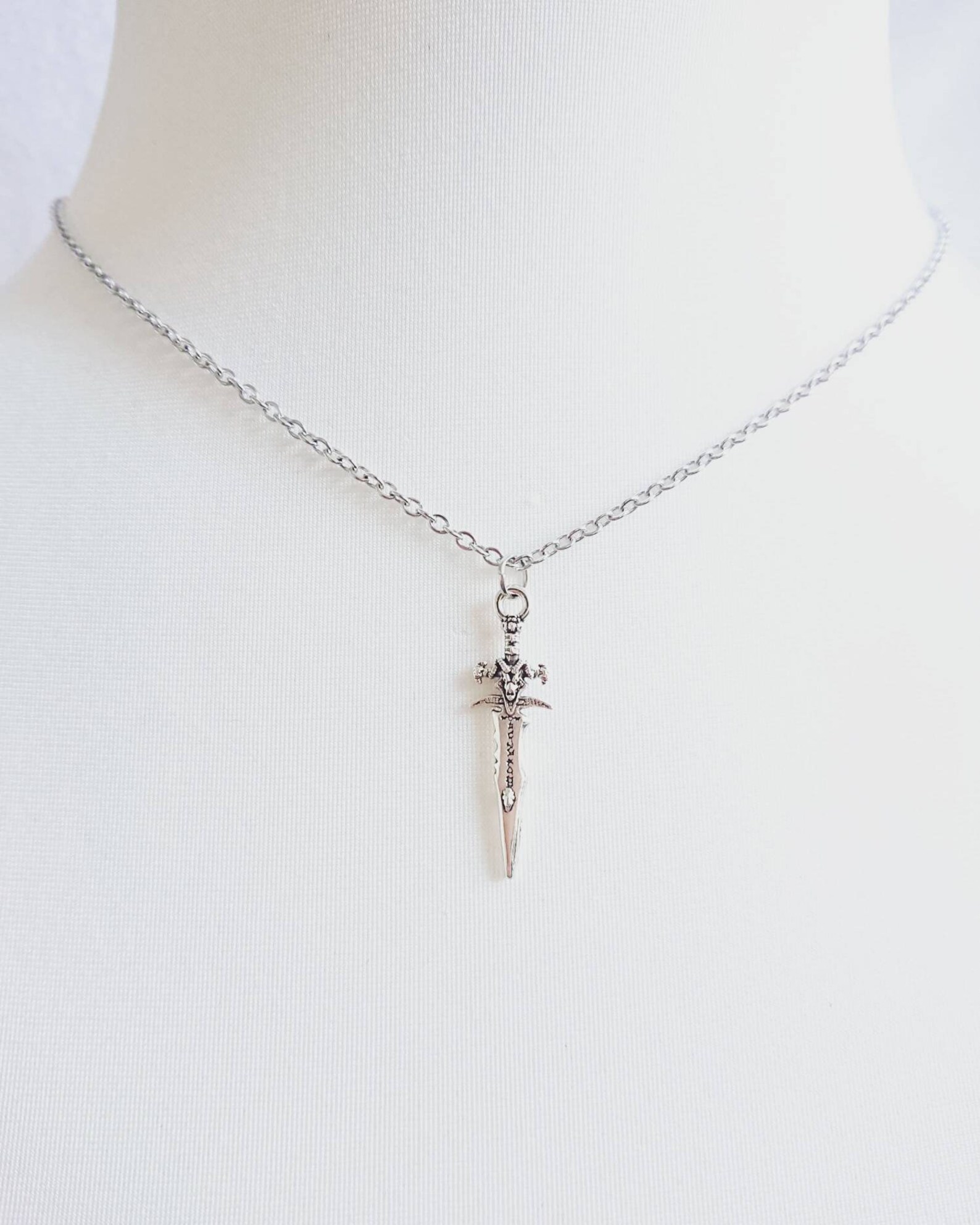 Ornate 3D Small Demon Dagger Silver Tone Metal Charm Short Necklace ...
