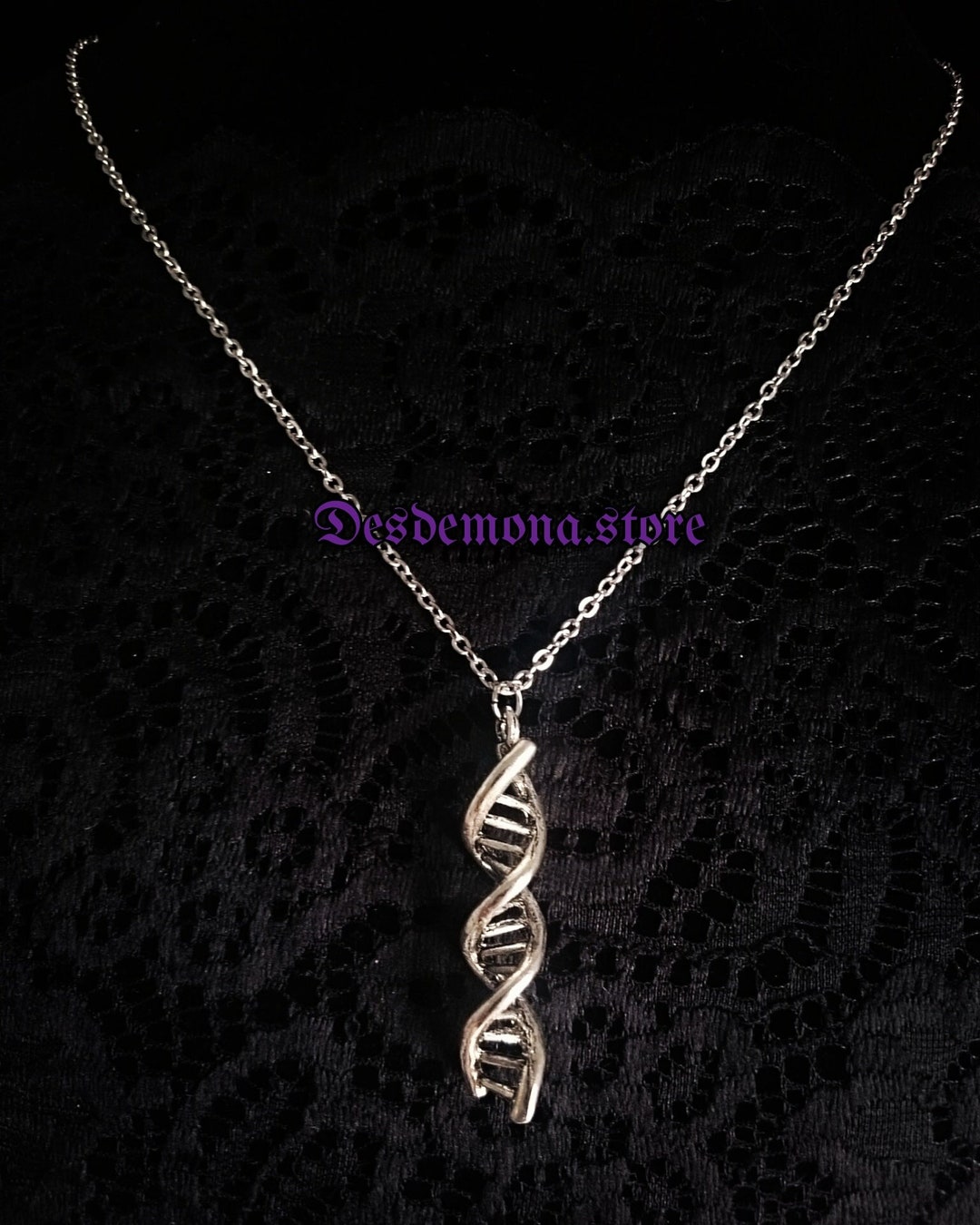 3D DNA Helix Silver Pewter Effect Charm Necklace Pendant Chromosome ...