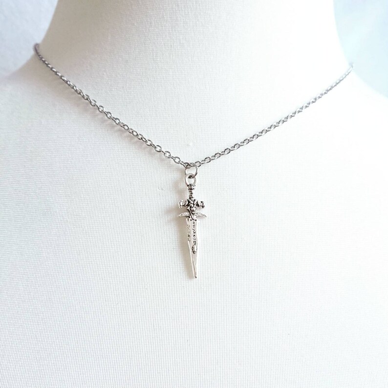 Ornate 3D Small Demon Dagger Silver Tone Metal Charm Short Necklace ...