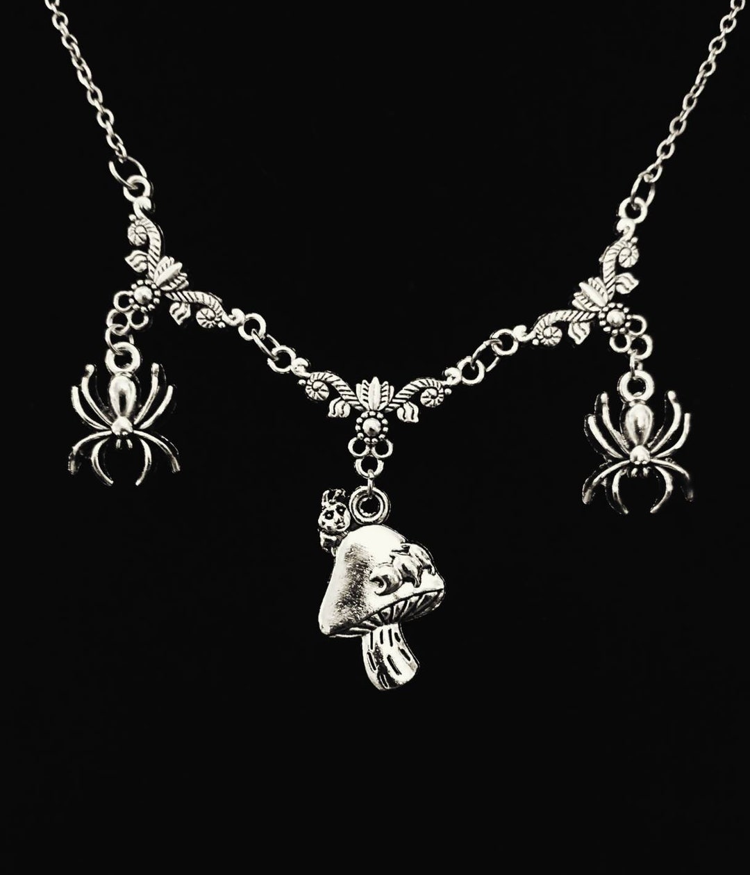Ornate 3D Mushoom Caterpillar and Spiders Triple Charm Short Necklace ...