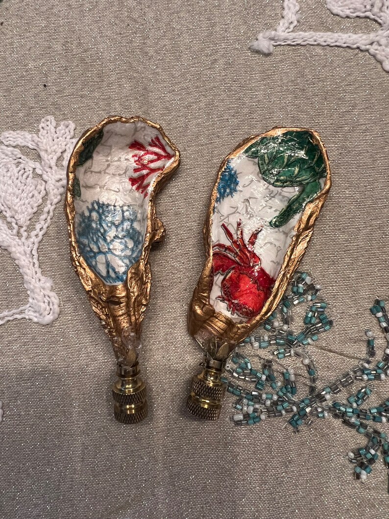 Lamp Shade Finial Set Made With Oyster Shells in Coastal Script Design ...