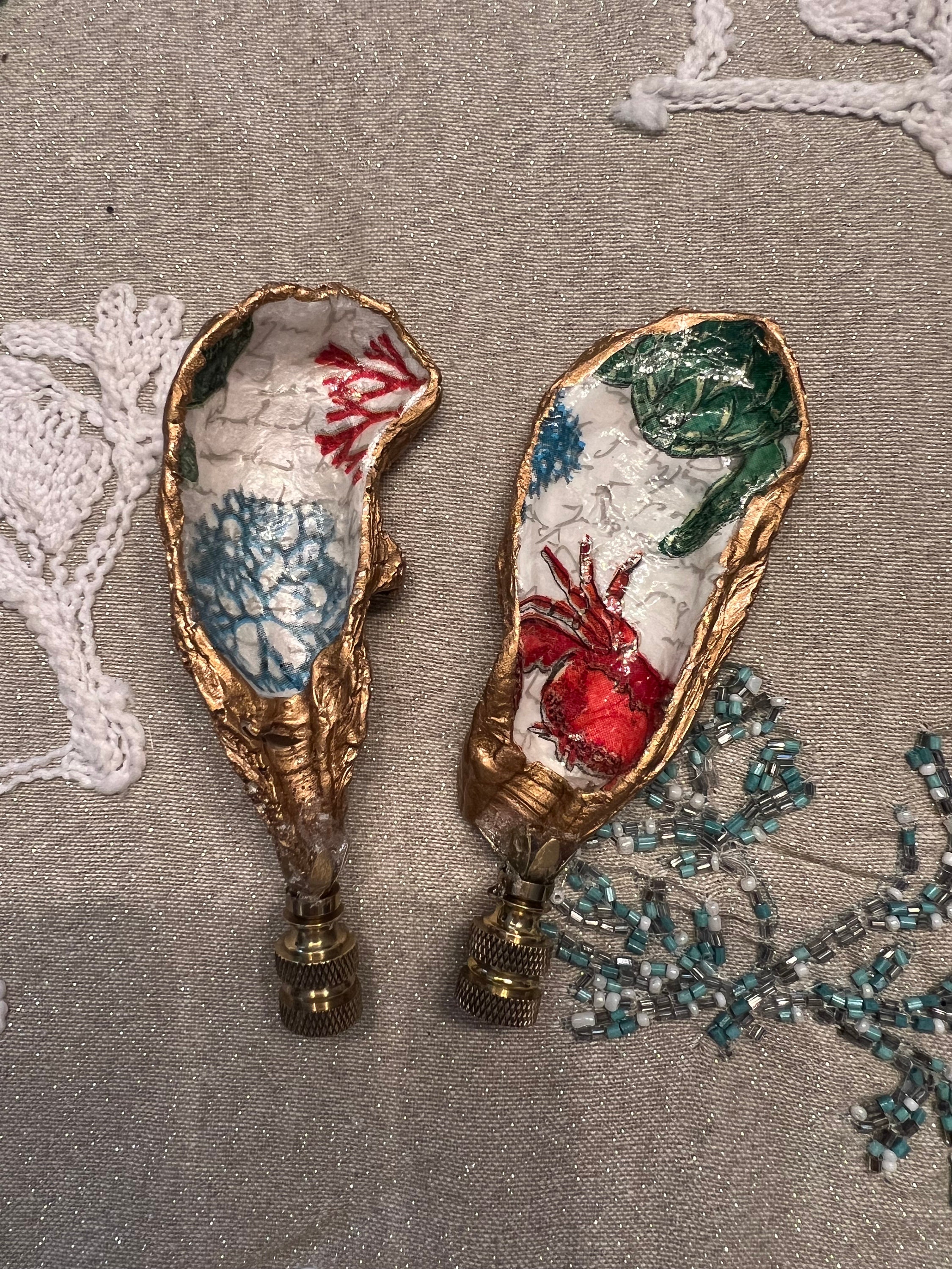 Lamp Shade Finial Set Made With Oyster Shells in Coastal Script Design ...