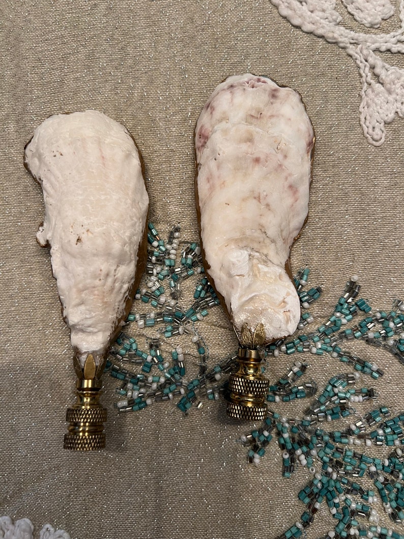 Lamp Shade Finial Set Made With Oyster Shells in Coastal Script Design ...